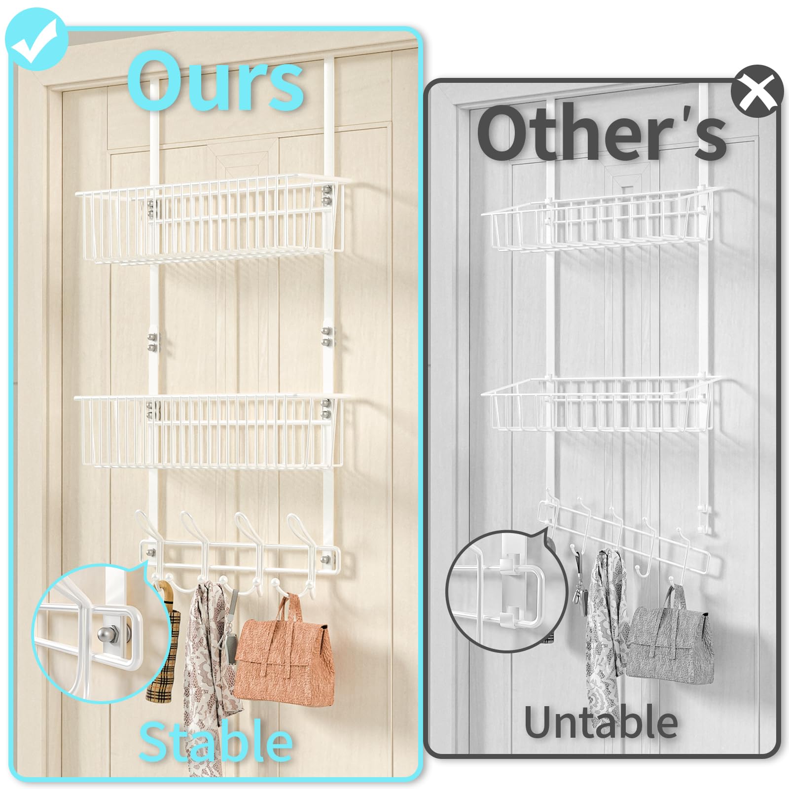 Over The Door Hooks Organizer,Door Hanger Door Storage with 2 Baskets,Over The Door Towel Rack Coat Hooks with 12 Hooks,for Bathroom,Bedroom,Kitchen,Office,Apartment(White)