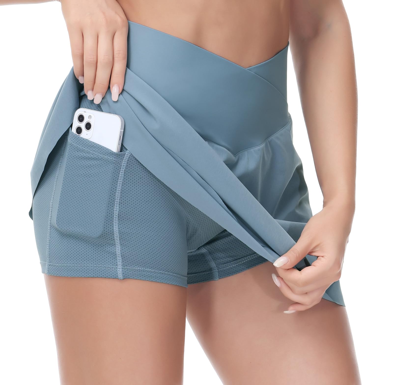 Women's Cross Waist Tennis Skirts with Cutting Hem Athletic Golf Skorts with Inner Mesh Pockets Shorts Black