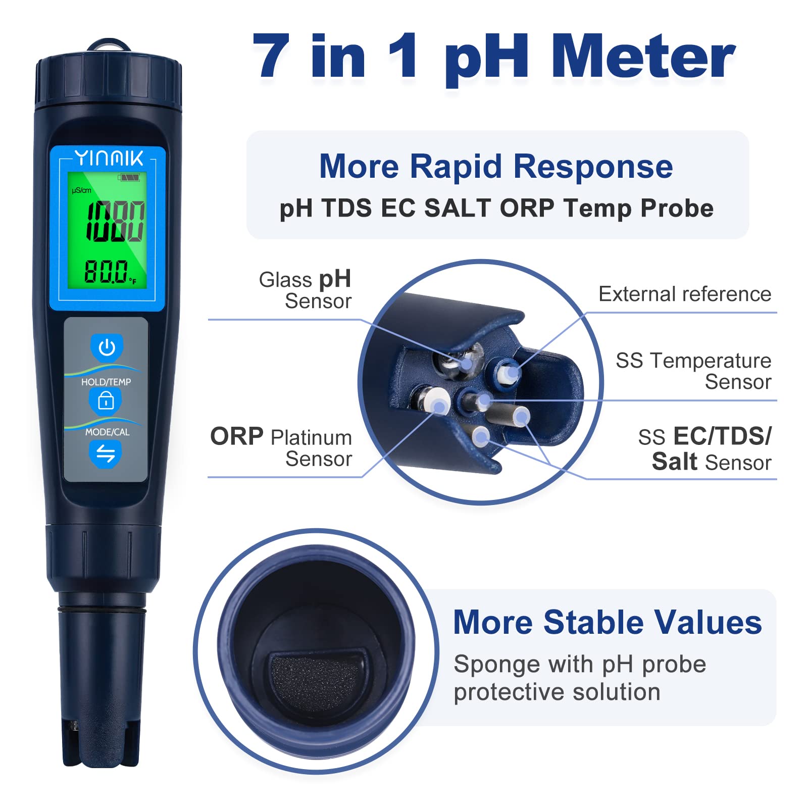 YINMIK pH Salt ORP Tester, Digital pH Meter for Aquarium, 7 in 1 pH TDS EC Salt ORP S.G Temp Pool Salt Tester for Spa,Hot Tub,Home Brewing,pH ppm EC Meter for Hydroponics,ORP Meter for Drinking Water