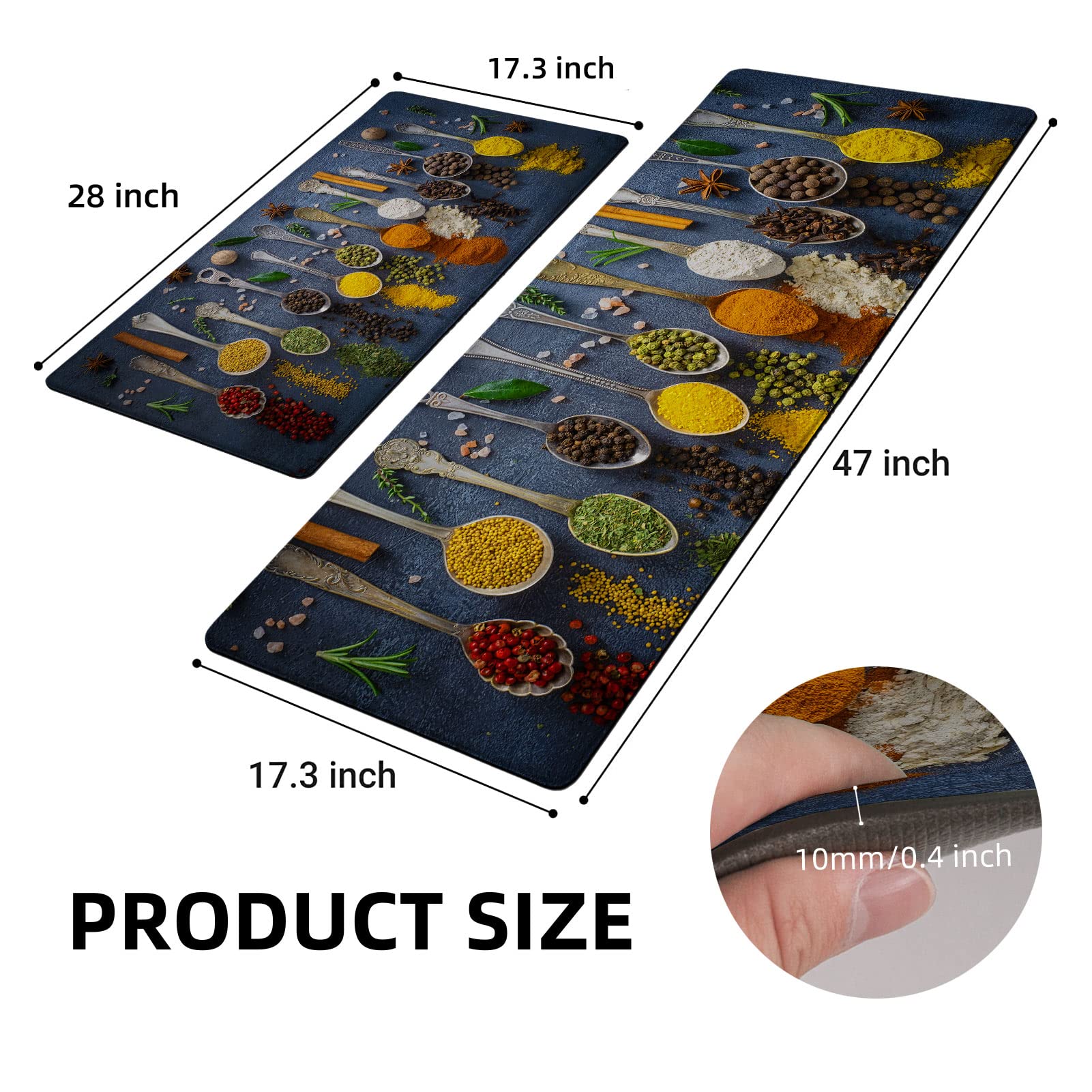 Spice Cooking Kitchen Mat Set 2 Pieces Artistic Colorful Kitchen Rug Farmhouse Non Slip Anti Fatigue Kitchen Rugs Comfort Standing Mats Runner Carpet for Sink, 17.3" x 28" + 17.3" x 47"