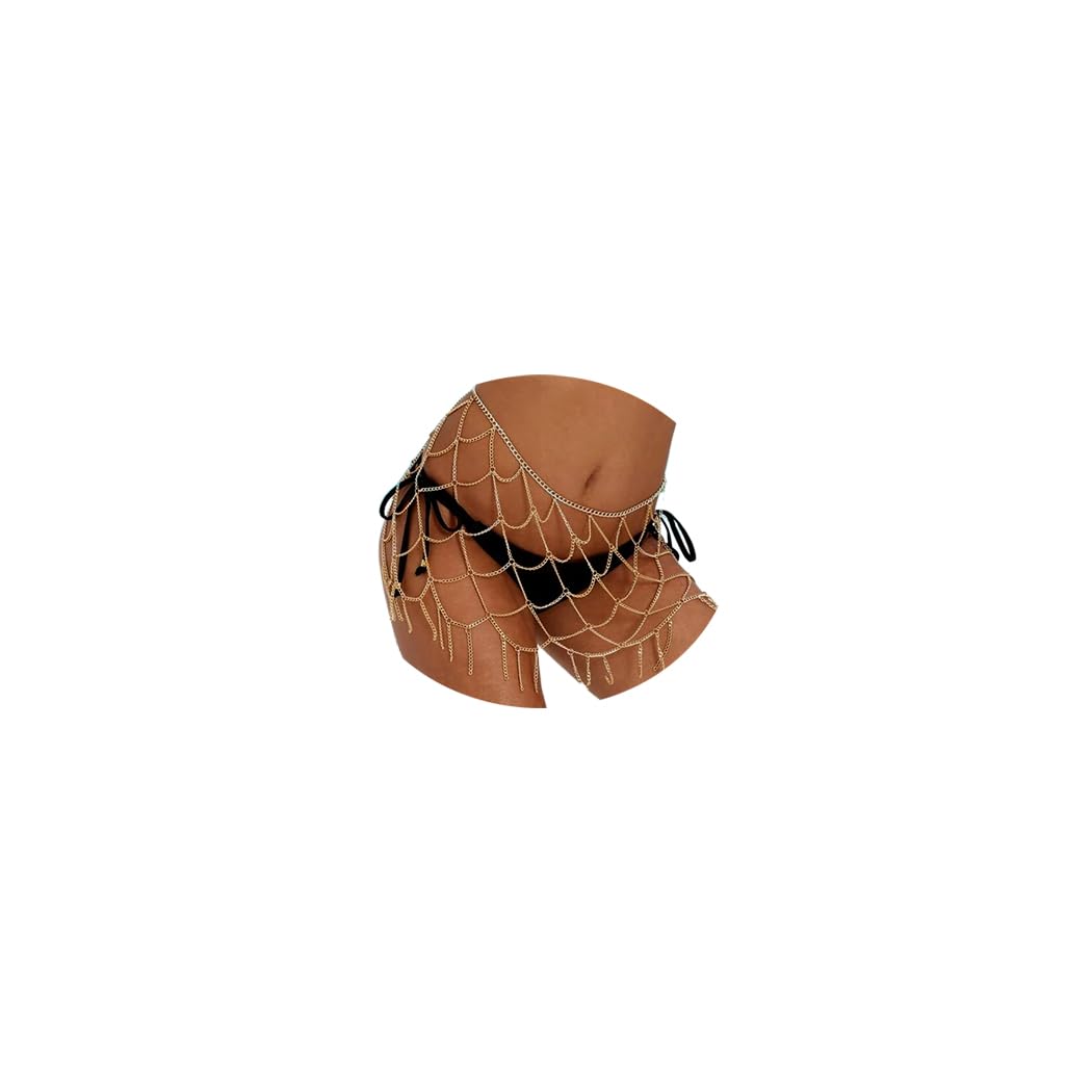 Salliy Rhinestone Body Chains Skirt Gold Sexy Belly Chain Dresses Festival Outfits Summer Body Bottom Jewelry for Women