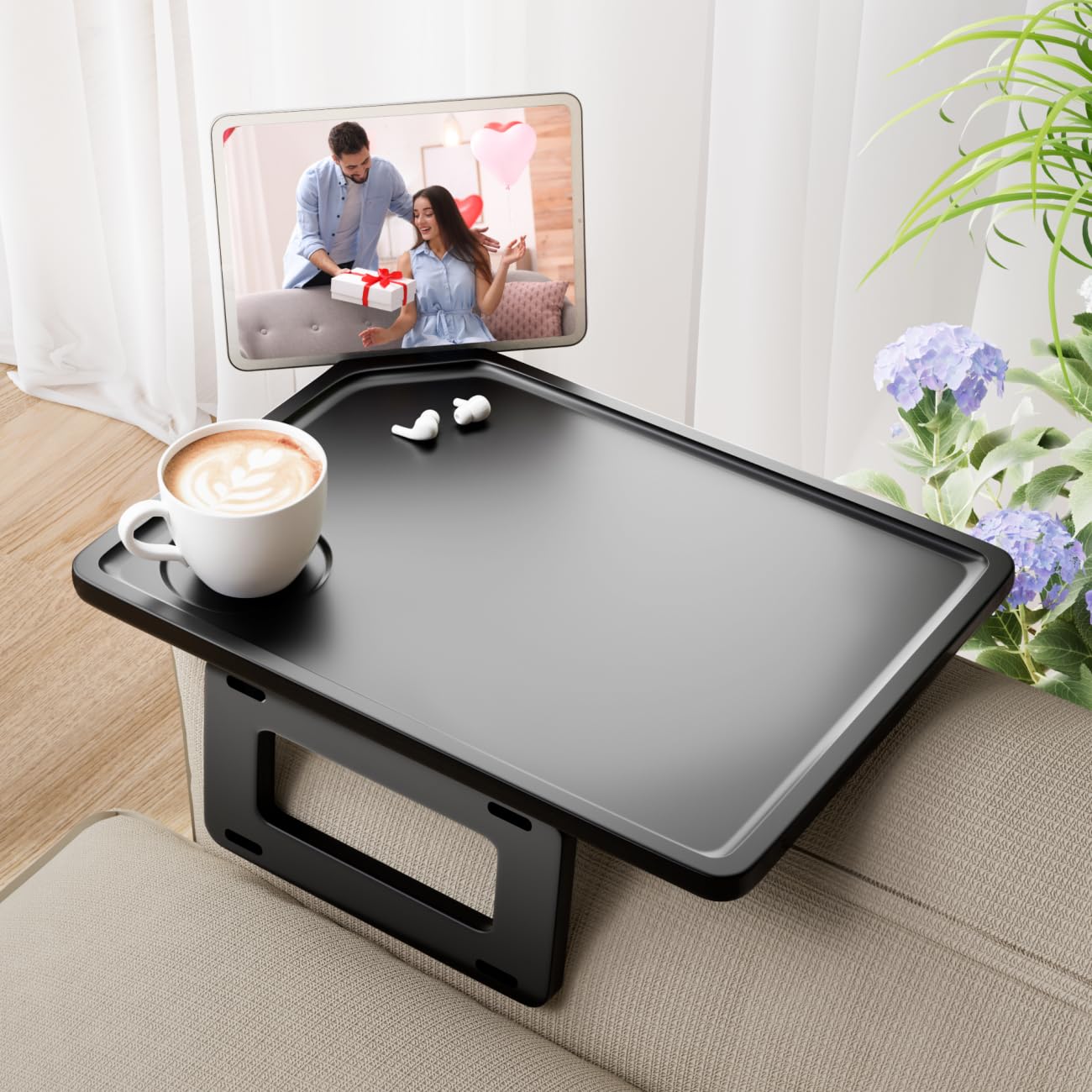 Multi-Function Arm Clip Table Tray for Couch, Sofa with Armrest Suitable for Home Drinks/Fast Food/Fruit Etc, Large Size Brown(360° Rotation - Left and Right Position Compatible)