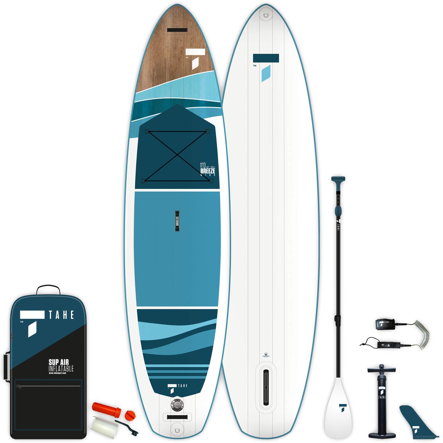 TAHE 11'0 Breeze Wing AIR Premium Inflatable SUP Paddleboard Package Complete with Paddle and Leash,Blue