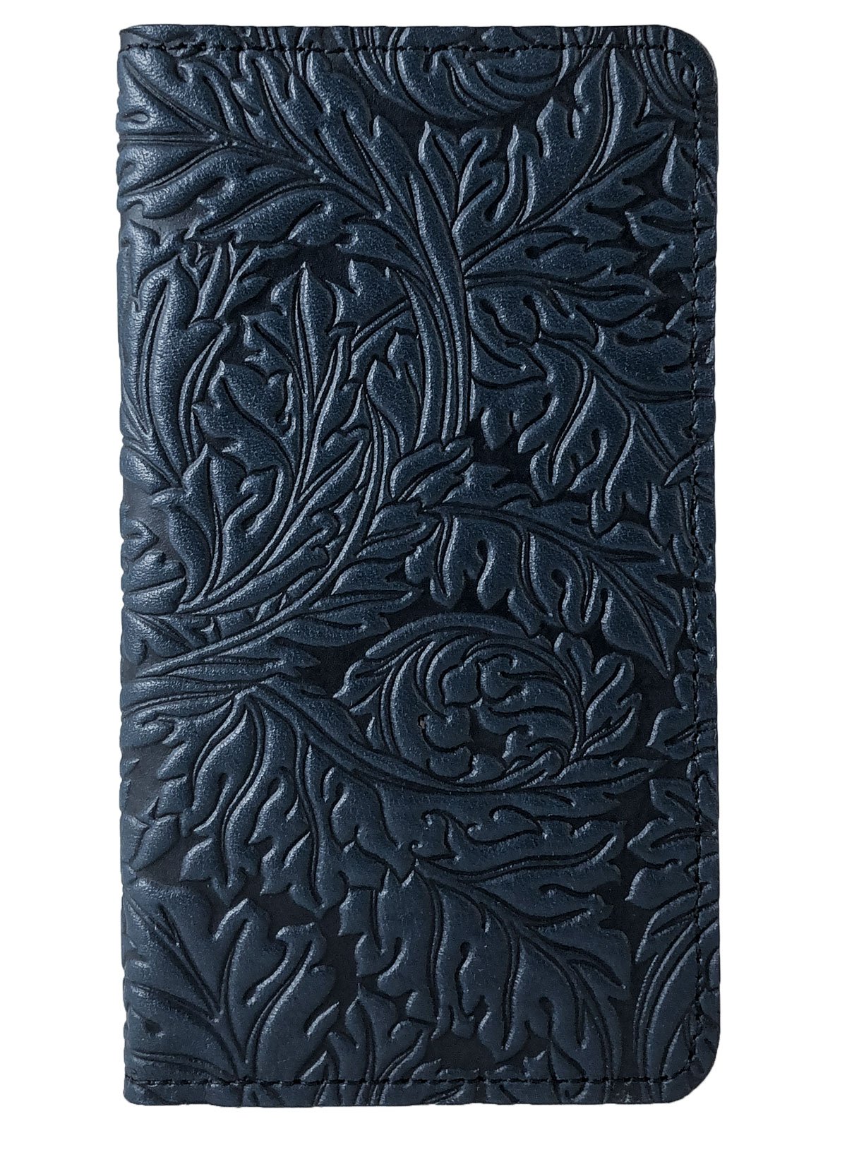 Oberon Design Acanthus Leaf Embossed Genuine Leather Checkbook Cover, 3.5x6.5 Inches, Navy Blue, Made in the USA