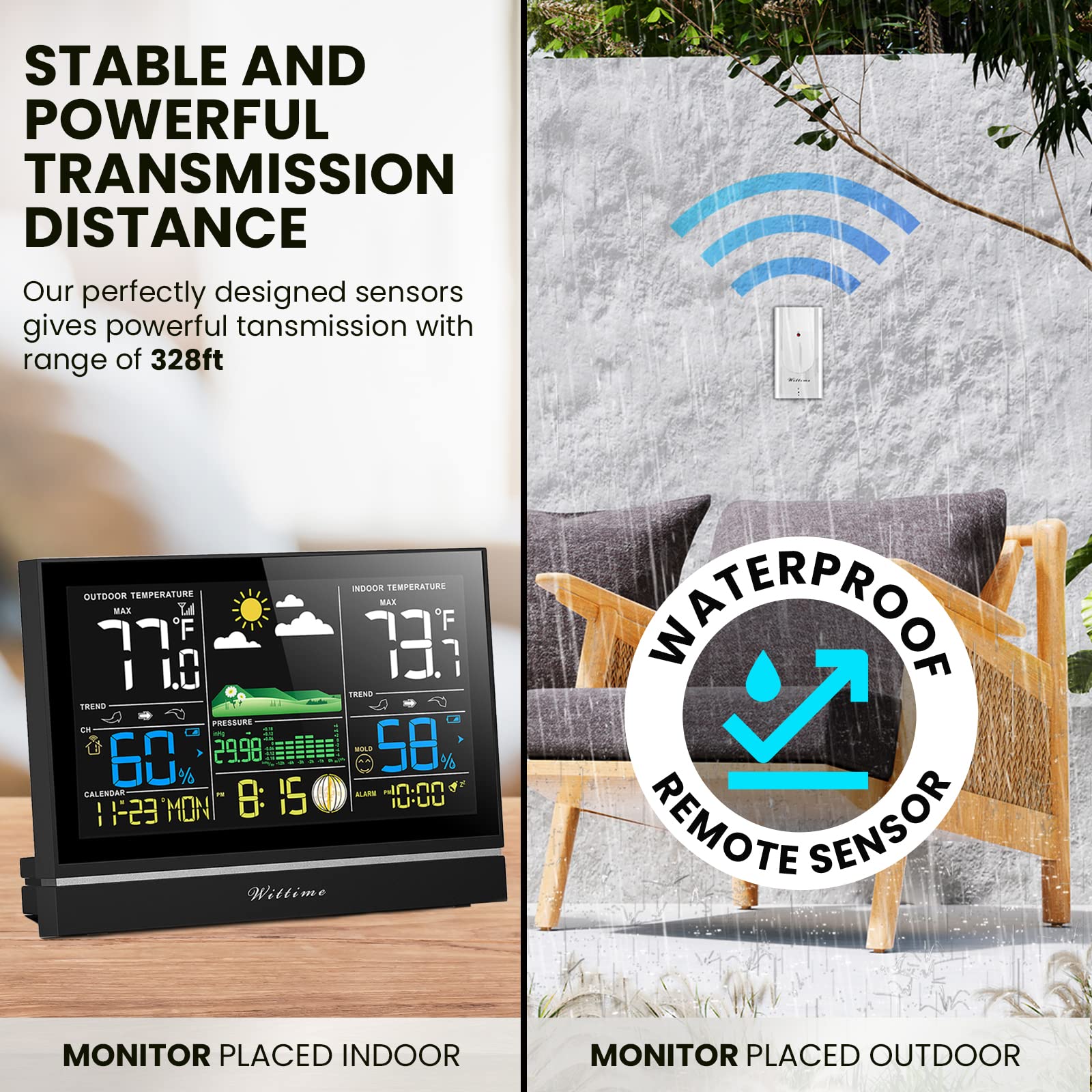 Wittime 2076B Weather Station with Atomic Clock Wireless Indoor Outdoor Thermometer Temperature and Humidity Monitor Inside Outside Barometer with Temp Sensor
