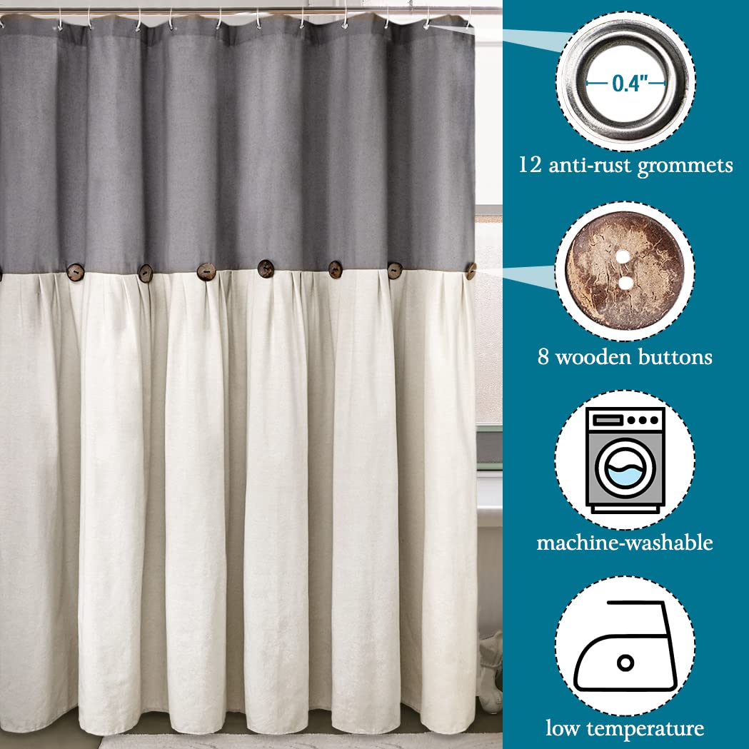 Reisen Linen Farmhouse Shower Curtain Button Gray and Off White Shower Curtains for Bathroom, 72" x 72"