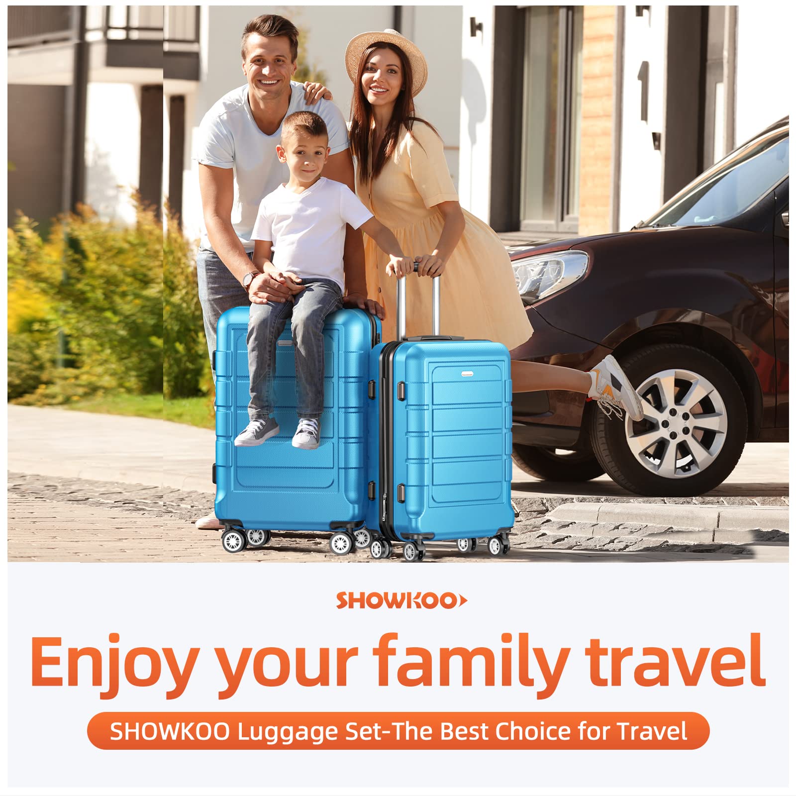 SHOWKOO Luggage Sets Expandable PC+ABS Durable Suitcase Sets Double Wheels TSA Lock 4 Piece Luggage Set Sky Blue