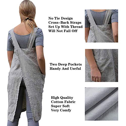 YESDOO Cotton Linen Apron Cross Back Apron for Women with Pockets Pinafore Dress for Baking Cooking,Large,grey