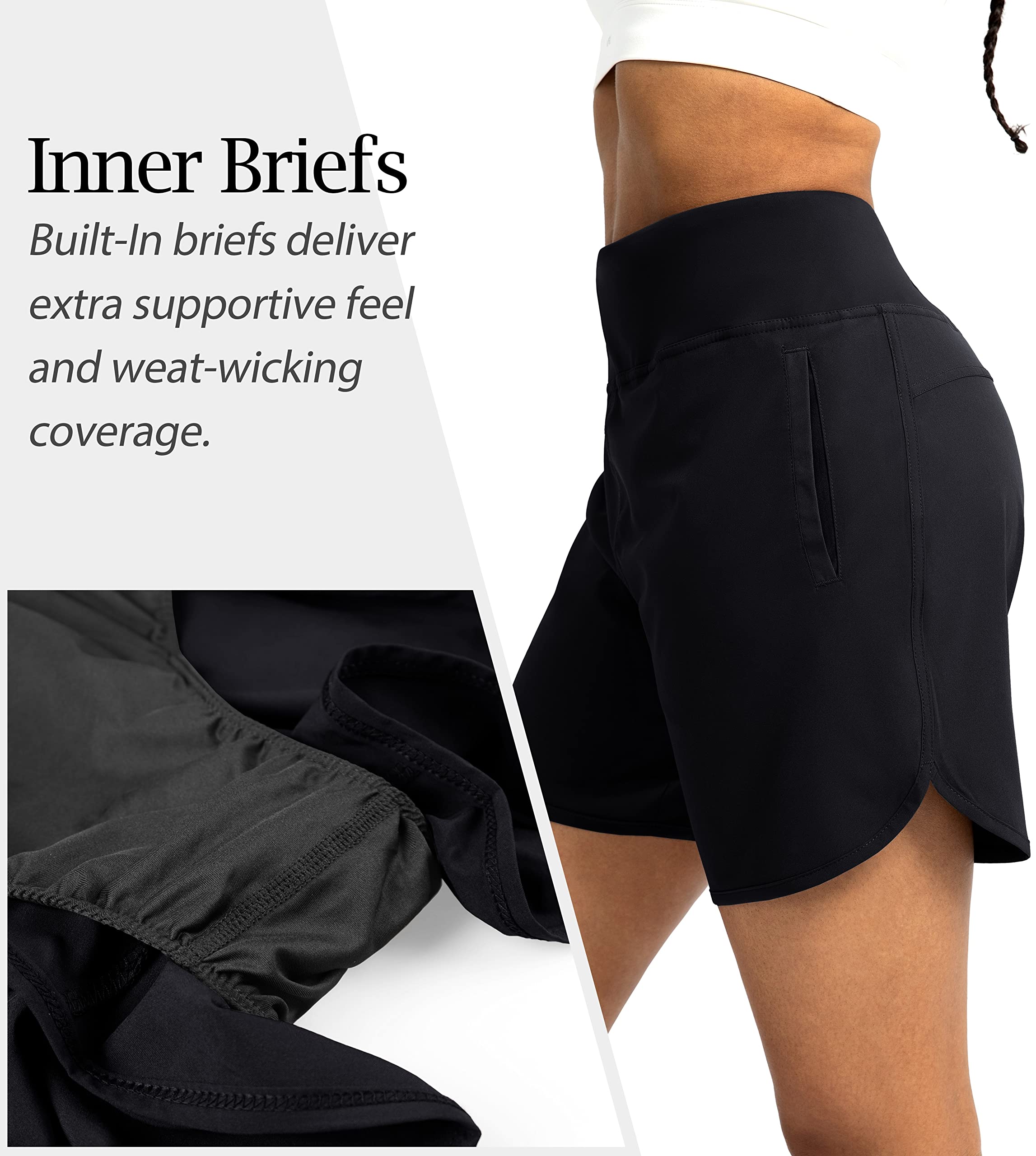 Soothfeel Women's Running Shorts with Zipper Pockets 7 Inch Long High Waisted Athletic Workout Gym Summer Shorts for Women (Black, Medium