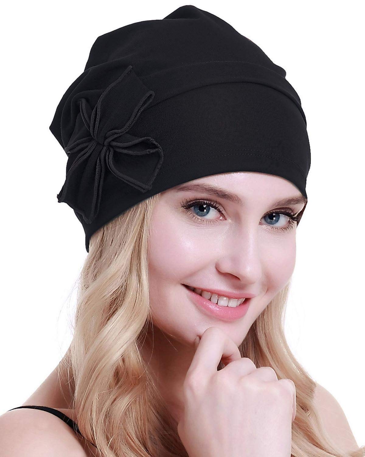 osvyo Cotton Chemo Turbans headwear Beanie Hat Cap for Women Cancer Patient Hairloss BLACK