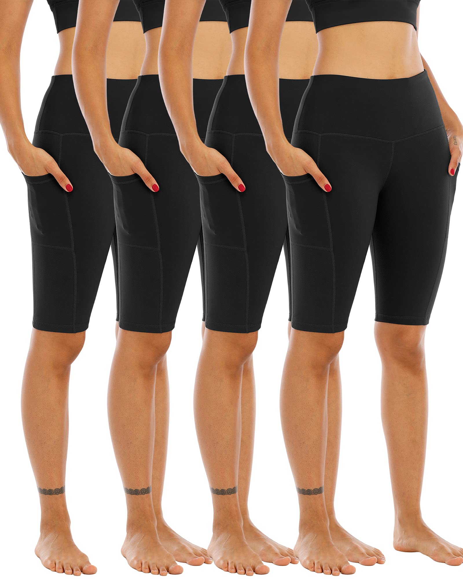 WHOUARE 4 Pack Biker Yoga Shorts with Pockets for Women,High Waisted Athletic Running Workout Gym Shorts Tummy Control,Black,Navy,Dark Gray,Brown,L