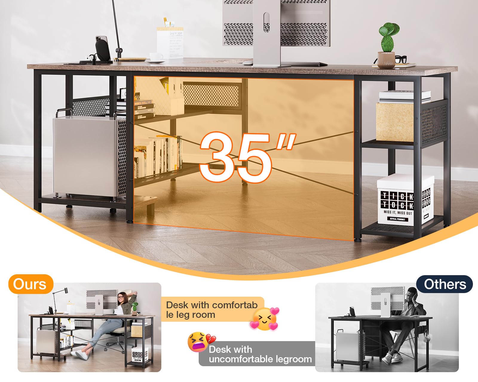 ODK 66" L Shaped Desk with Power Outlet and USB Charging Ports, Reversible L Shaped Computer Desk with Storage Shelves, Home Office Desk, Gaming Desk, Corner Desk, Grey Oak