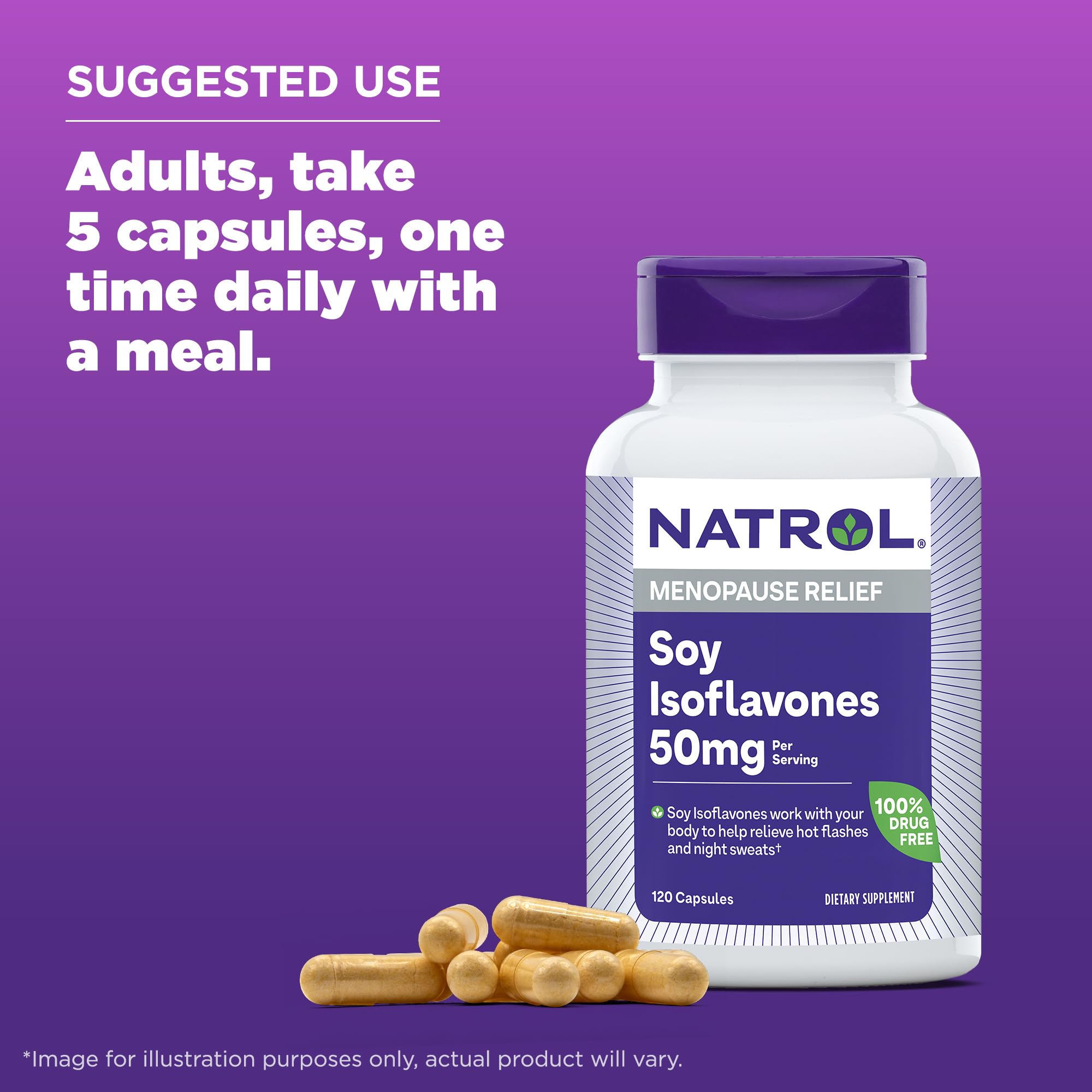 Natrol Soy Isoflavones Capsules, Menopause Relief, 50mg, 120 Count (Pack of 2) Purple