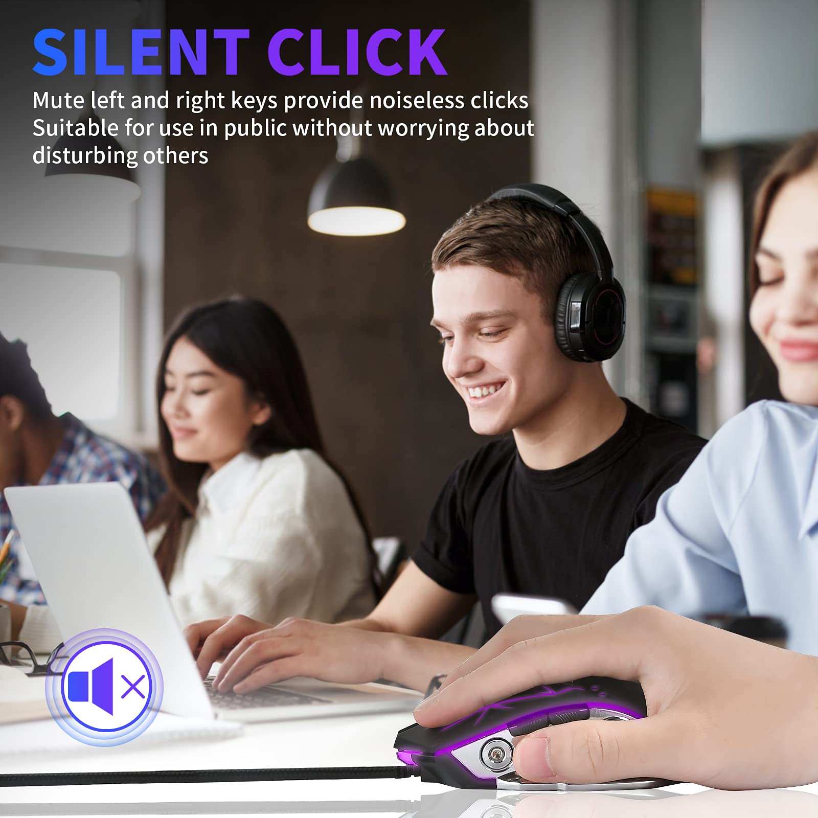 PDTXCLS Silent Click Wired Gaming Mouse, RGB Backlight and 4 Adjustable DPI Up to 3200, 7 Buttons, Ergonomic USB Computer Mouse with High Precision Sensor for Windows PC & Laptop Gamers