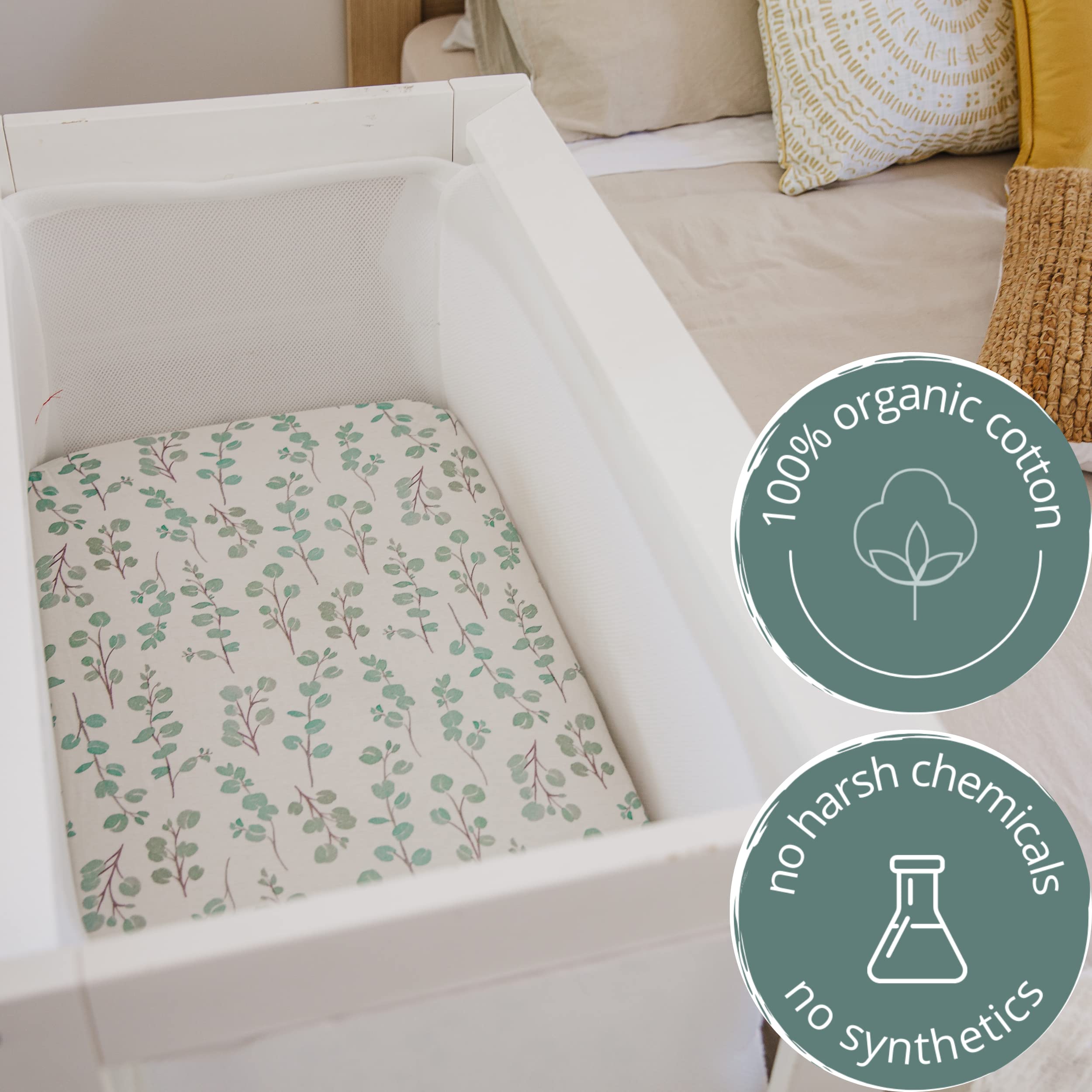 POPPI & MAX: 100% Organic Bassinet Sheets β Premium Jersey Cotton 3-Sheet Set for Baby Girl or Boy | Fitted Sheets for Oval, Rectangle, Halo Bassinet Pads & Moses Basket | Boho Floral Eucalyptus Leaf