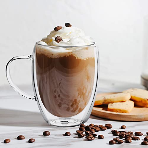 Top-spring Double Wall Glass Coffee Mugs, Clear Glass Coffee Cups with Handles - Set of 4 Double Wall Insulated Coffee Mug Tea Latte Espresso Cups (12oz, Clear)
