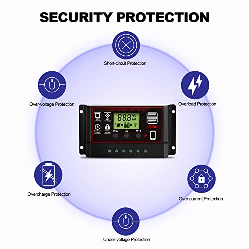 WERCHTAY 60A Solar Charge Controller 12v/ 24v PWM Solar Panel Charge Controller Intelligent Regulator with 5v Dual USB Port Display Adjustable Parameter LCD Display and Timer Setting ON/Off Hours