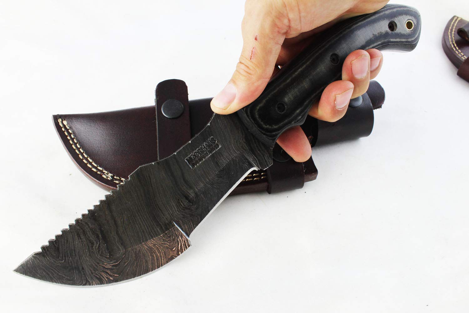 Moorhaus 15.5" Damascus Steel Tracker with micarta Handle Knife - includes leather sheath - special promotional pricing.