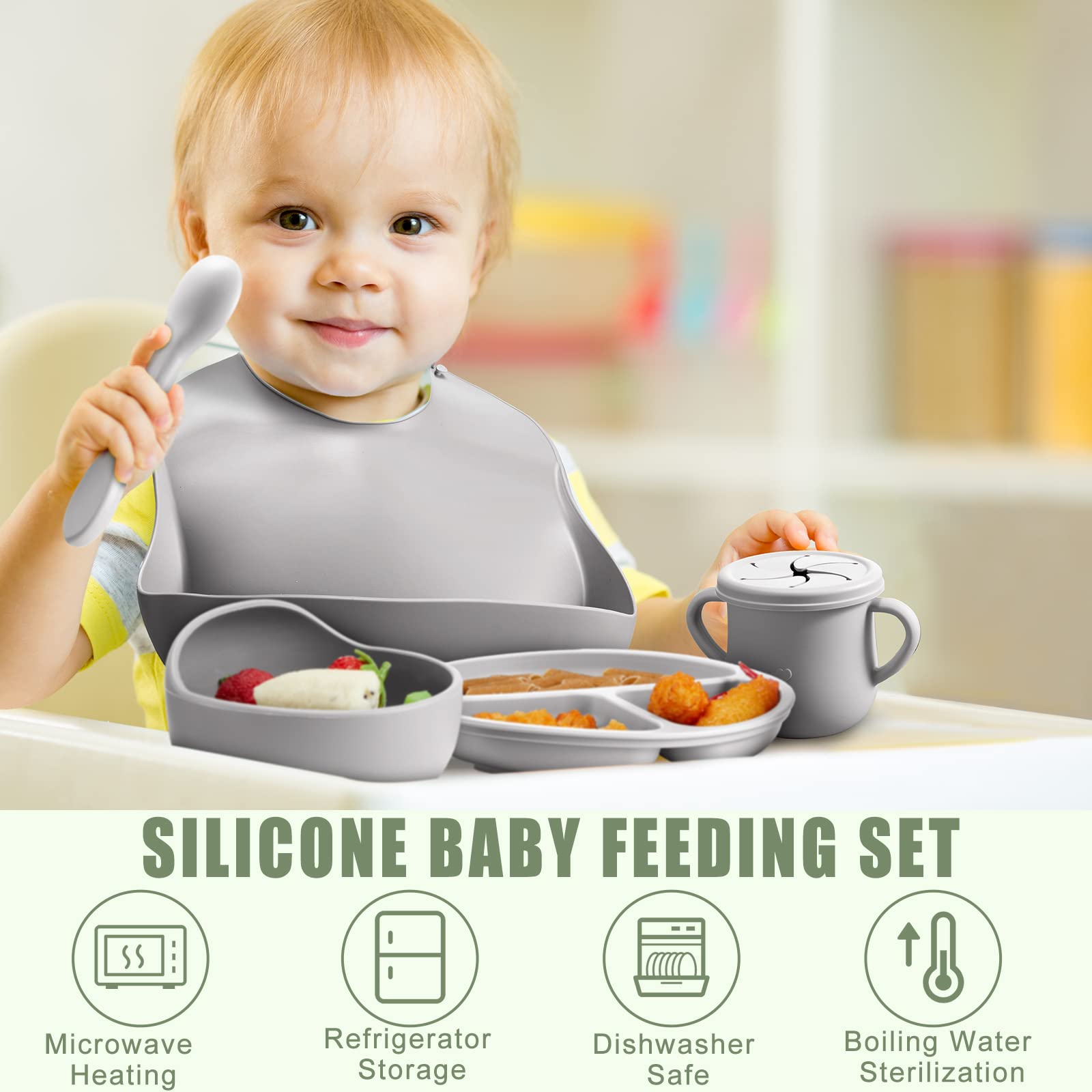 Potchen 14 Pack Baby Feeding Set, Silicone Baby Led Weaning Feeding Supplies with Suction Bowl Divided Plate Adjustable Bib Soft Spoon Fork Snack Cup with Lid Drinking Cup, Utensil (Army Green, Grey)