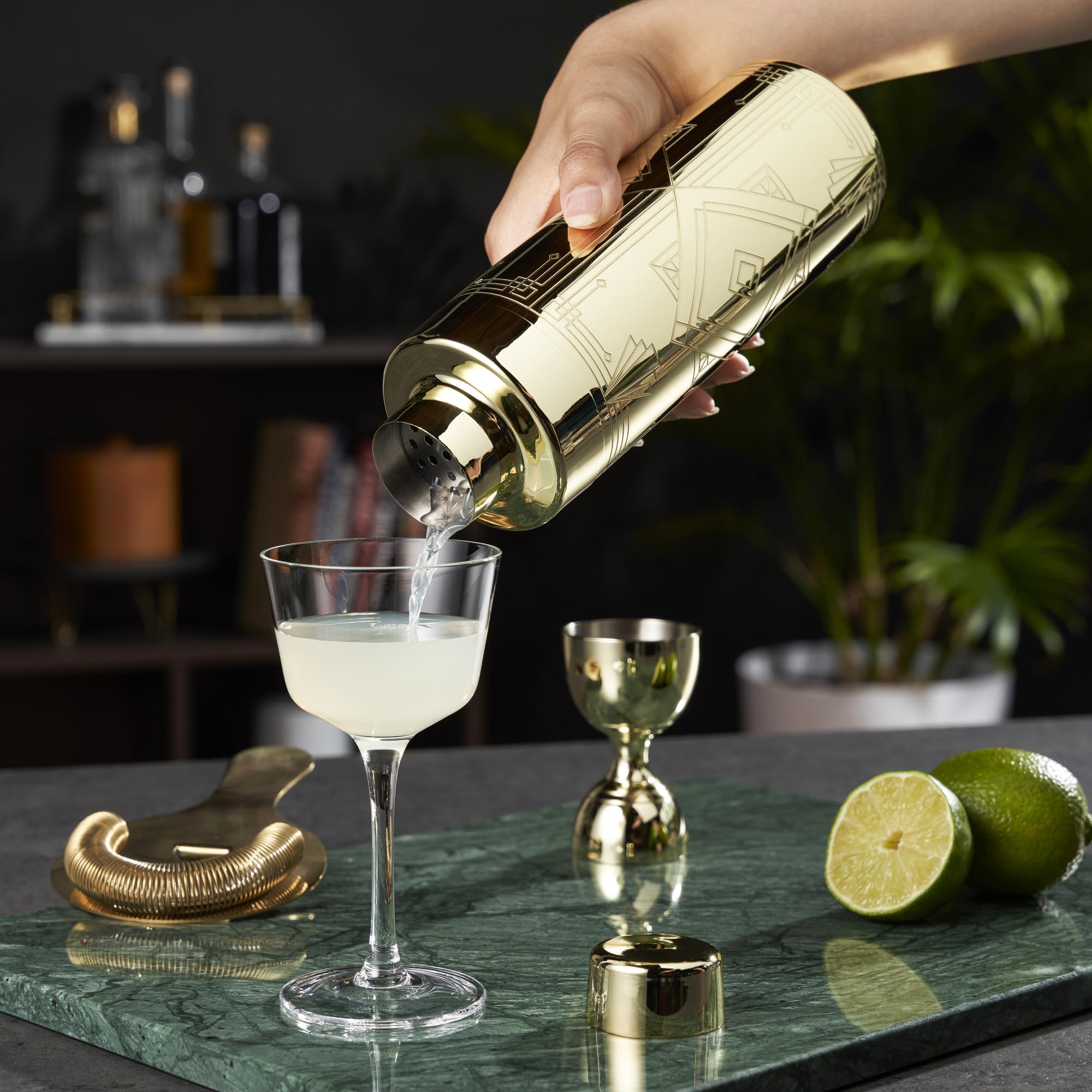 Viski Art Deco Gold Cocktail Shaker, 24 oz Etched Stainless Steel Shaker With Strainer & Gold Finish