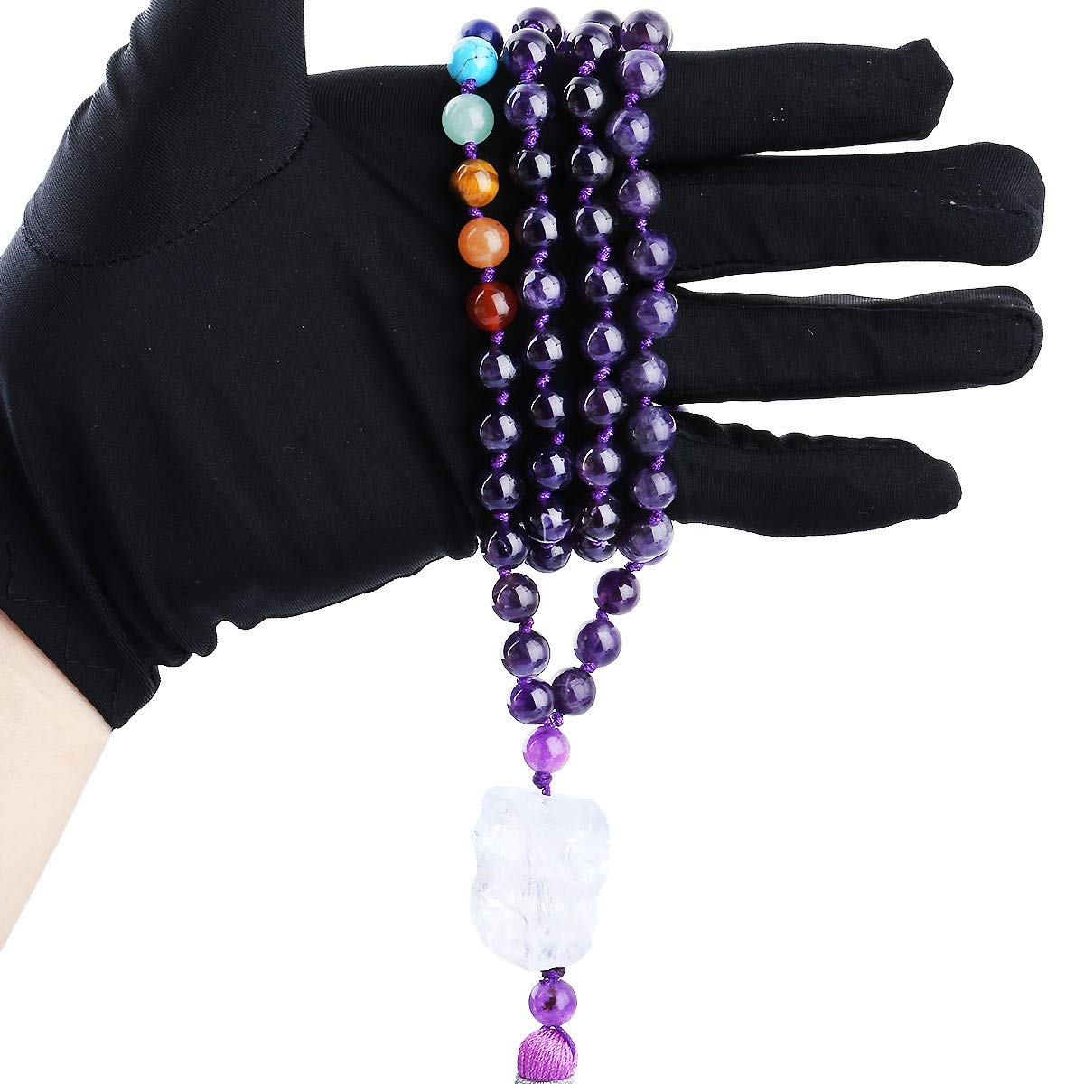 Nupuyai 8mm Mala Prayer Stone Beads Bracelet, 7 Chakra Meditation Healing Necklace with Tassel and Irregular Sstone
