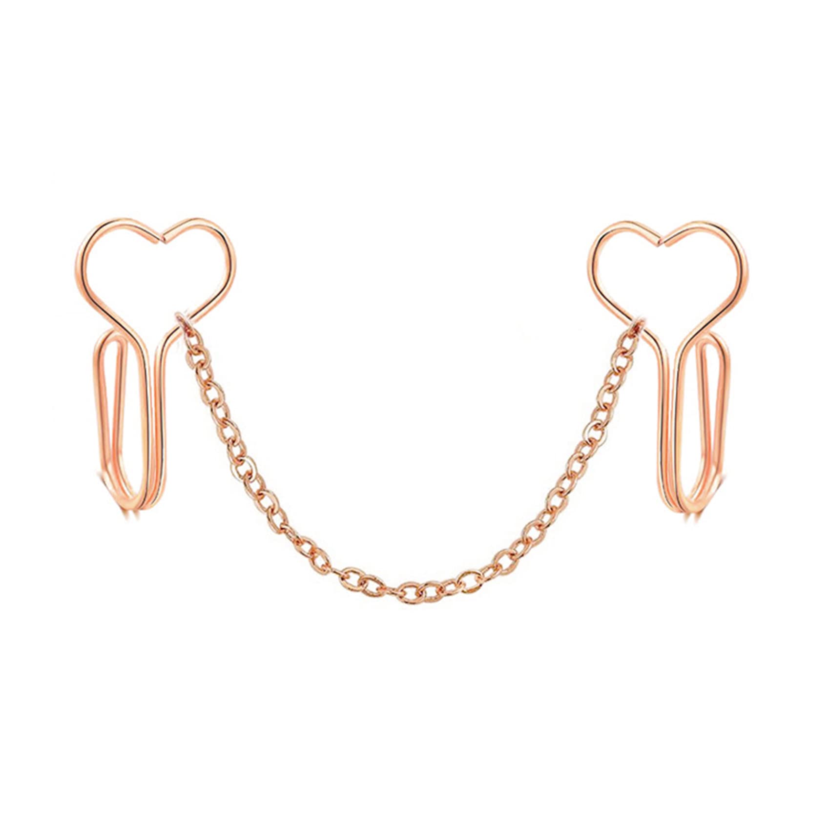 Sollarisy Love Heart Double Cuff Nose Ring Fake Septum Ring Non Piercing Clip On Chain Nose Ring for Women Men,rose gold