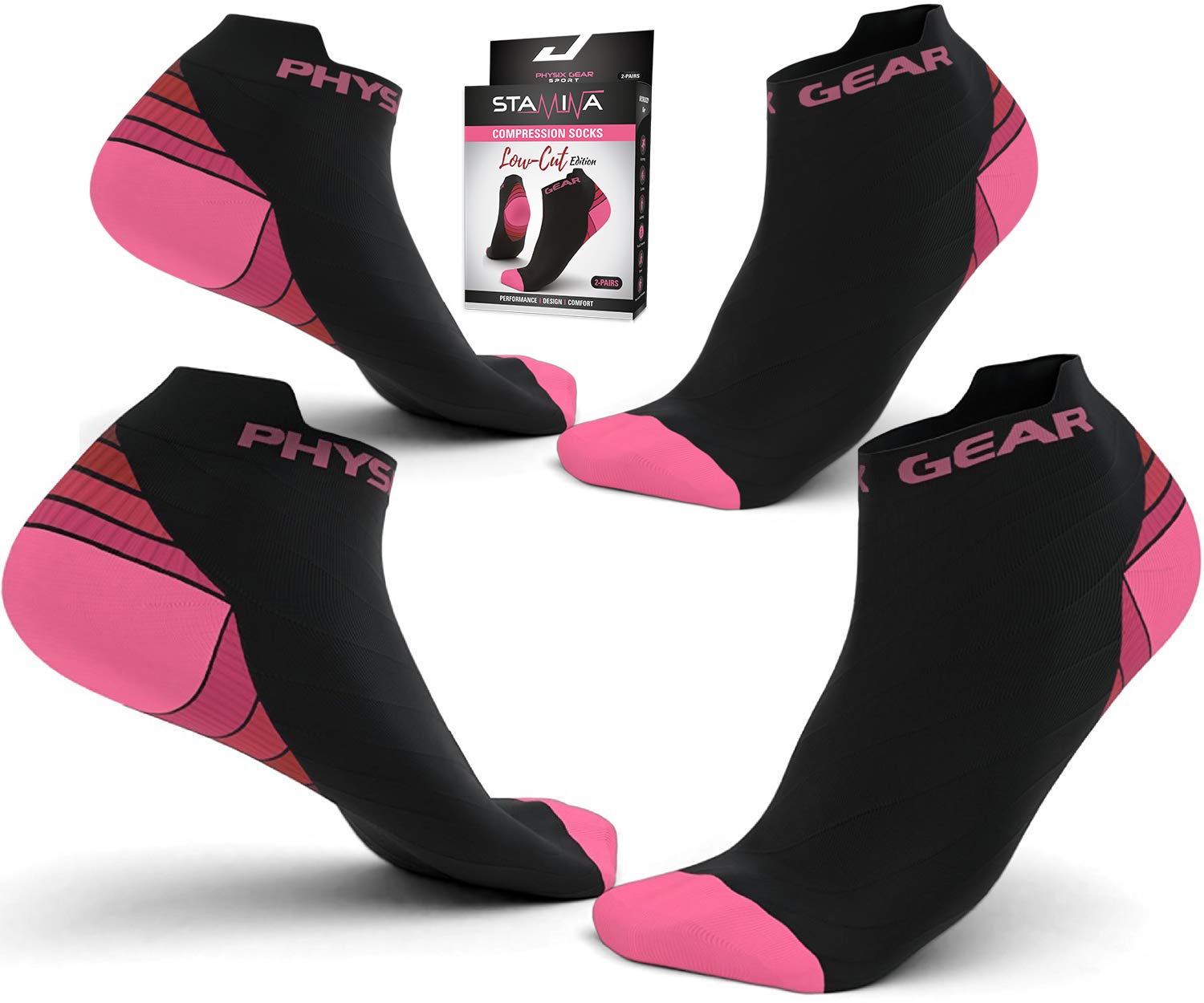 Physix Gear Sport Low Cut Socks Men & Women - Ankle Compression Running Socks (2Pair Blk-Pnk S/M)