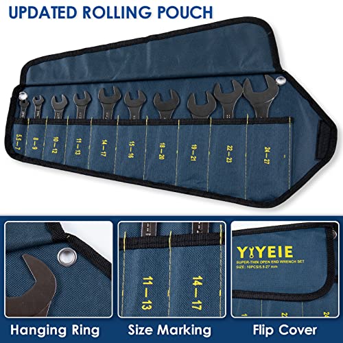 YIYEIE Super-Thin Open End Wrench Set, 10-Piece Metric, 5.5, 7, 8, 9, 10, 11, 12, 13, 14, 15, 16, 17, 18, 19, 20, 21, 22, 23, 24, 27 mm, Nickel Coating, CR-V Steel, Slim Wrench with Rolling Pouch