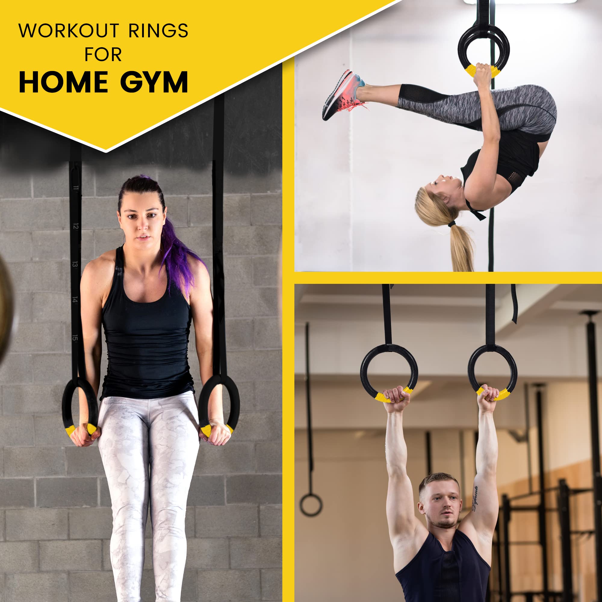 Workout Rings with Adjustable Straps - 15 Feet Long Can Hold Upto 661 Pounds/300 KG - Ideal for Training - Non Slip Tape Grip (Set of 2)