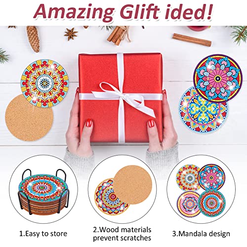 MONKLE 10 Pcs Coasters Kits with Dimensional Holder, DIY Cat Coaster Diamond Art Kits Non-Slip Coaster for Beginners, Kids and Adults Art Craft Supplies Gift (10 Pcs Mandala)