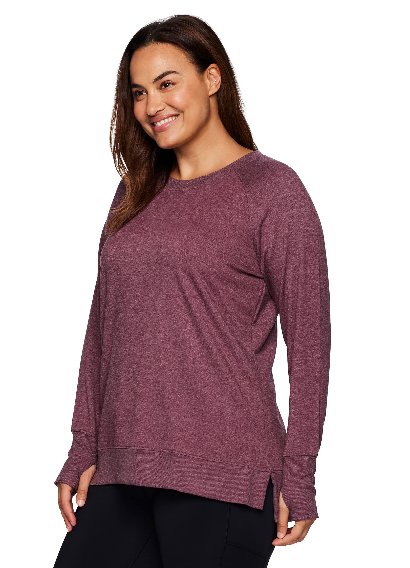 RBX Active Women's Plus Size Fashion Yoga Long Sleeve Crewneck Relaxed Fit Lightweight French Terry Pullover Tunic Solid Dark Red 1X