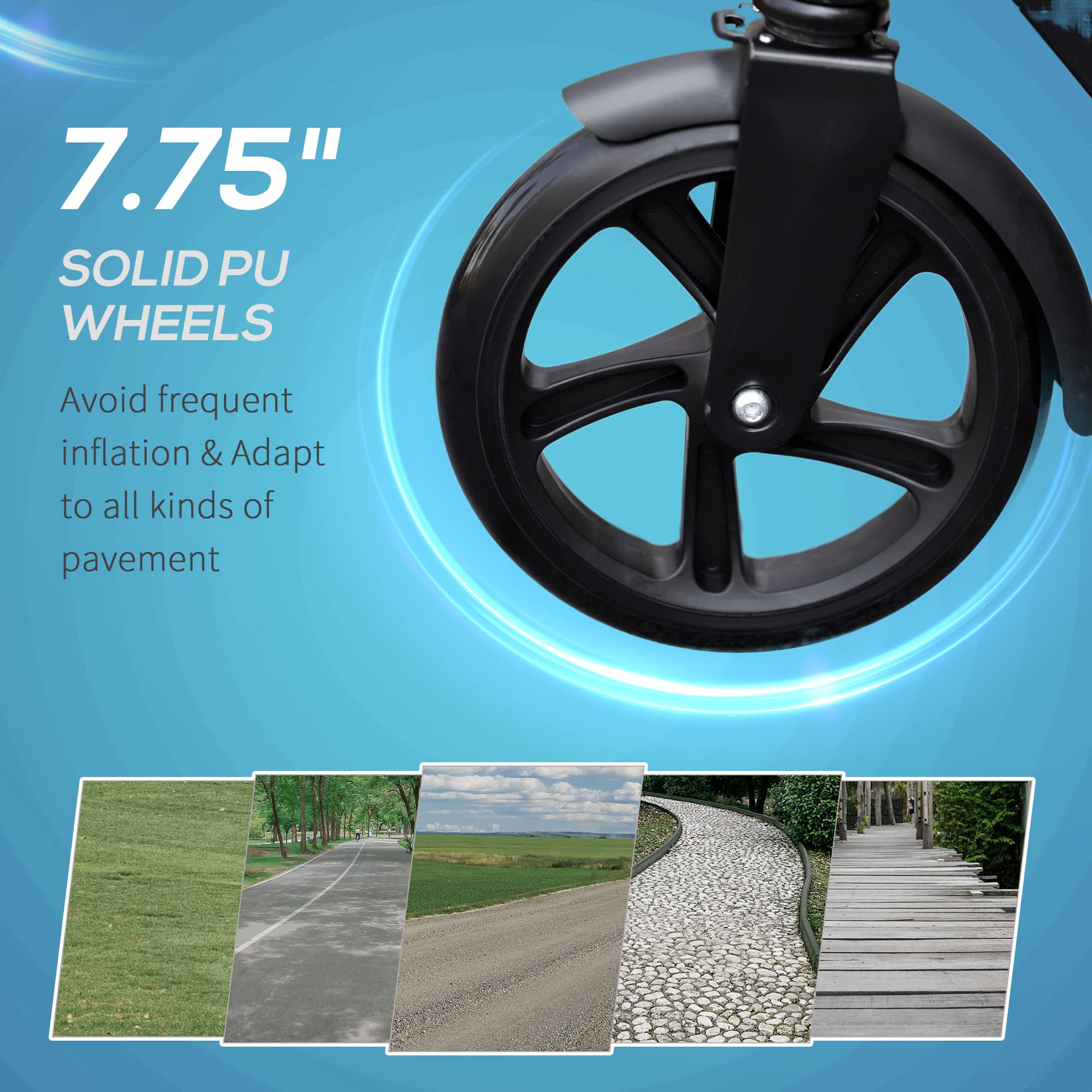 Soozier Kick Scooter for 12 Years and Up, Folding Scooter with 3-Level Height Adjustable Handlebar, Big Wheels and Rear Wheel Brake, Black