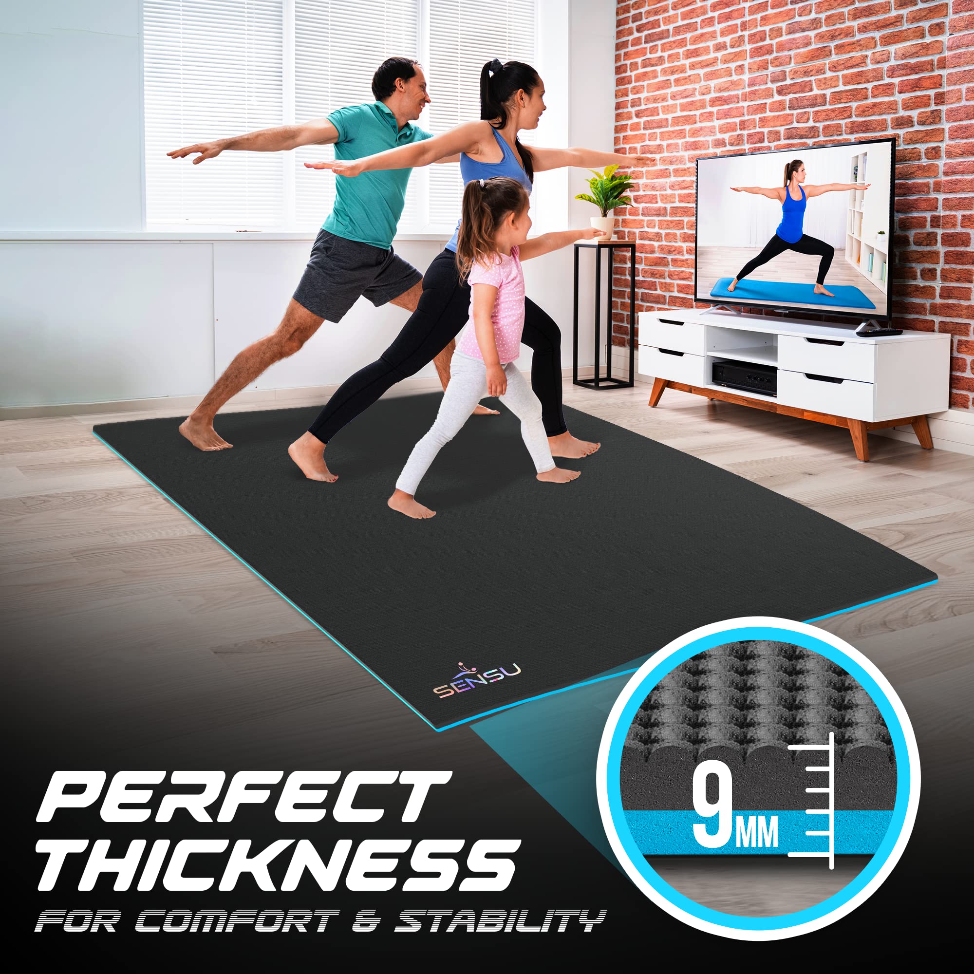 Sensu Large Yoga Mat - 7β x 5β x 9mm Extra Thick Exercise Mat for Yoga, Pilates, Stretching, Cardio Home Gym Floor, Non- Slip Anti Tear Eco-Friendly Workout Mat - Use Without Shoes