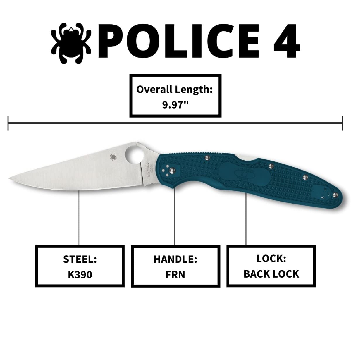 Spyderco Signature Series Police 4 Knife with 4.38" K390 Stainless Steel Blade and Lightweight FRN Blue Handle - PlainEdge - C07FP4K390