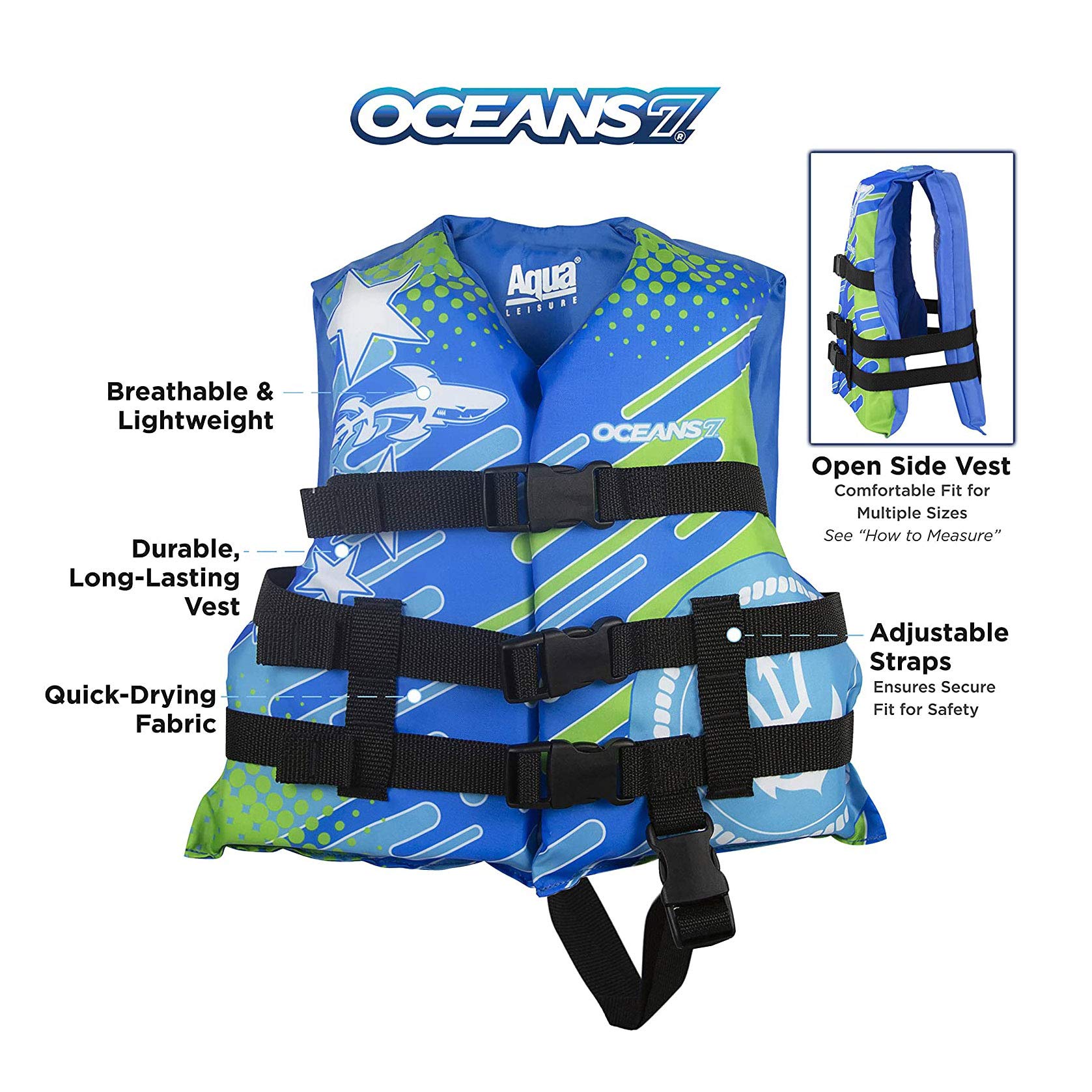 Oceans 7 New & Improved US Coast Guard Approved, Child Life Jacket, Flex-Form Chest, Open-Sided Design, Type III Vest, PFD, Personal Flotation Device, Blue/White, 30-50 lbs.