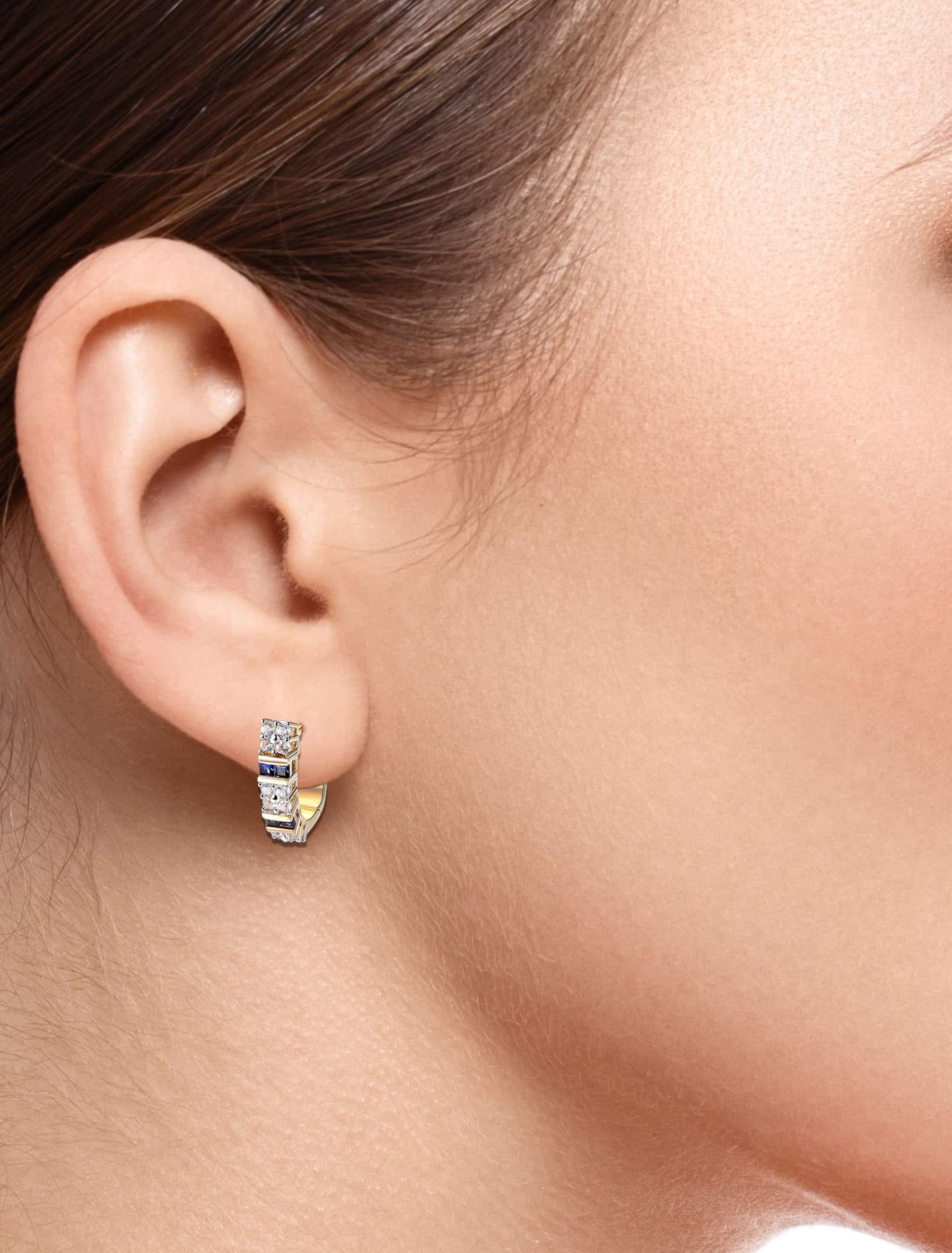 MORGAN & PAIGE 18K Yellow Gold Plated .925 Sterling Silver Square-Cut Created Blue and White Sapphire Hinged 3/4" Hoop Earrings