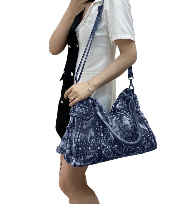 Women's Denim Casual Hobo Bag - Distressed Jeans Large-capacity Shoulder Bags for Daily Use Office Travel (Blue)