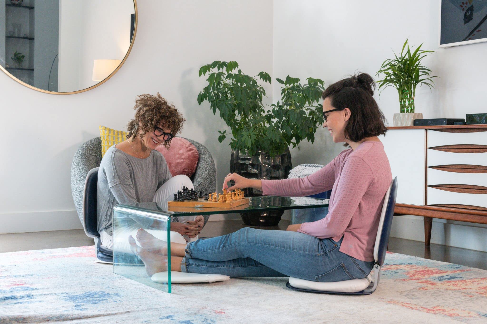 Pebbl Portable Yoga and Meditation Chair - The Starter - Back Support Folding Seat for Meditation, Yoga Floor Chair(White/Navy Blue)