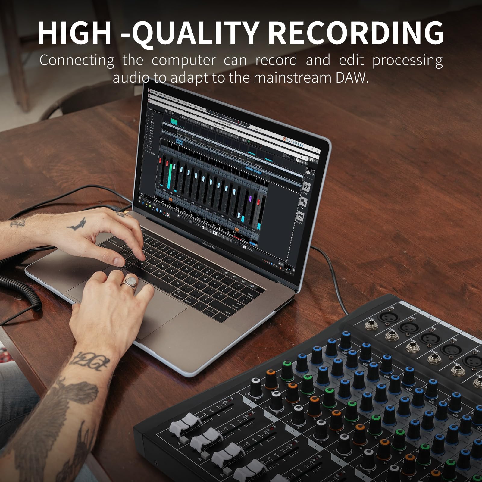 XTUGA CT80 8-Channel Professional Audio Mixer for Computer Recording Sound Controller Interface Built-in Digital Effect Studio Mixer with 48V Phantom Power,RCA Input/Output,MP3,Bluetooth,EQ