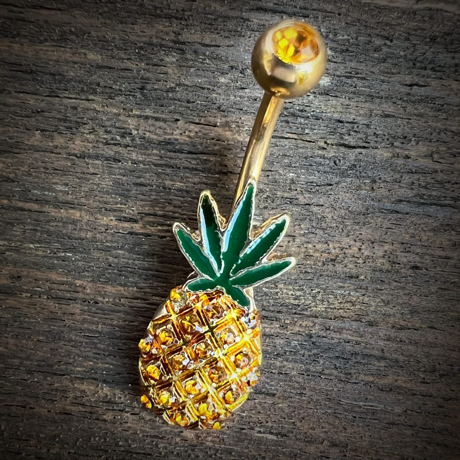 Pierce2GO Gold Pineapple & Weed Marijuana Belly Button Ring - 14G Surgical Steel Pineapple Belly Button Ring - Belly Button Rings Piercing for Women β 7/16β