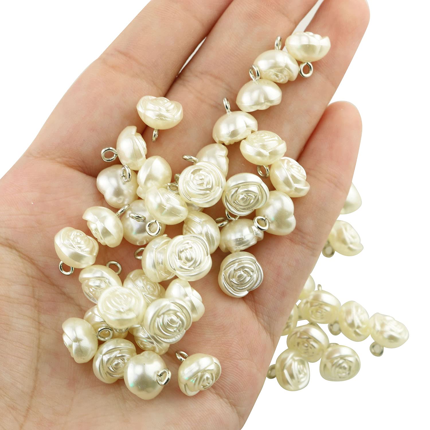 Tegg Rose Shape Button 30PCS 11mm Cream-Coloured Rose Shape Half Ball Pearl Buttons with Metal Shank for Clothes, Craft, Sewing