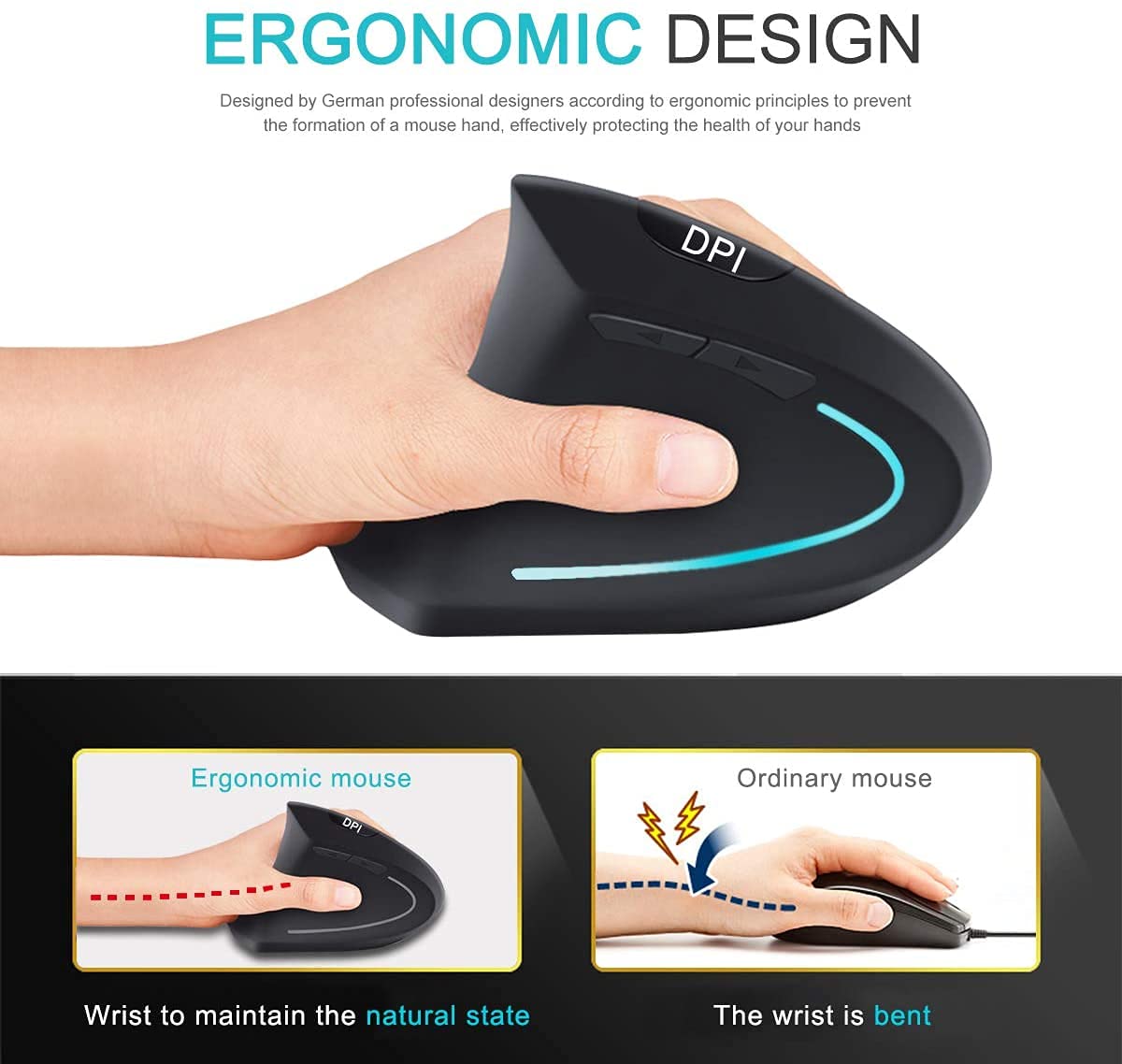 Rechargeable Ergonomic Mouse 2.4G Wireless Vertical Mouse Optical Mouse 6 Buttons Silent with 3 Adjustable DPI 800/1200/1600, for Laptop, PC, Computer, MacBook, Black