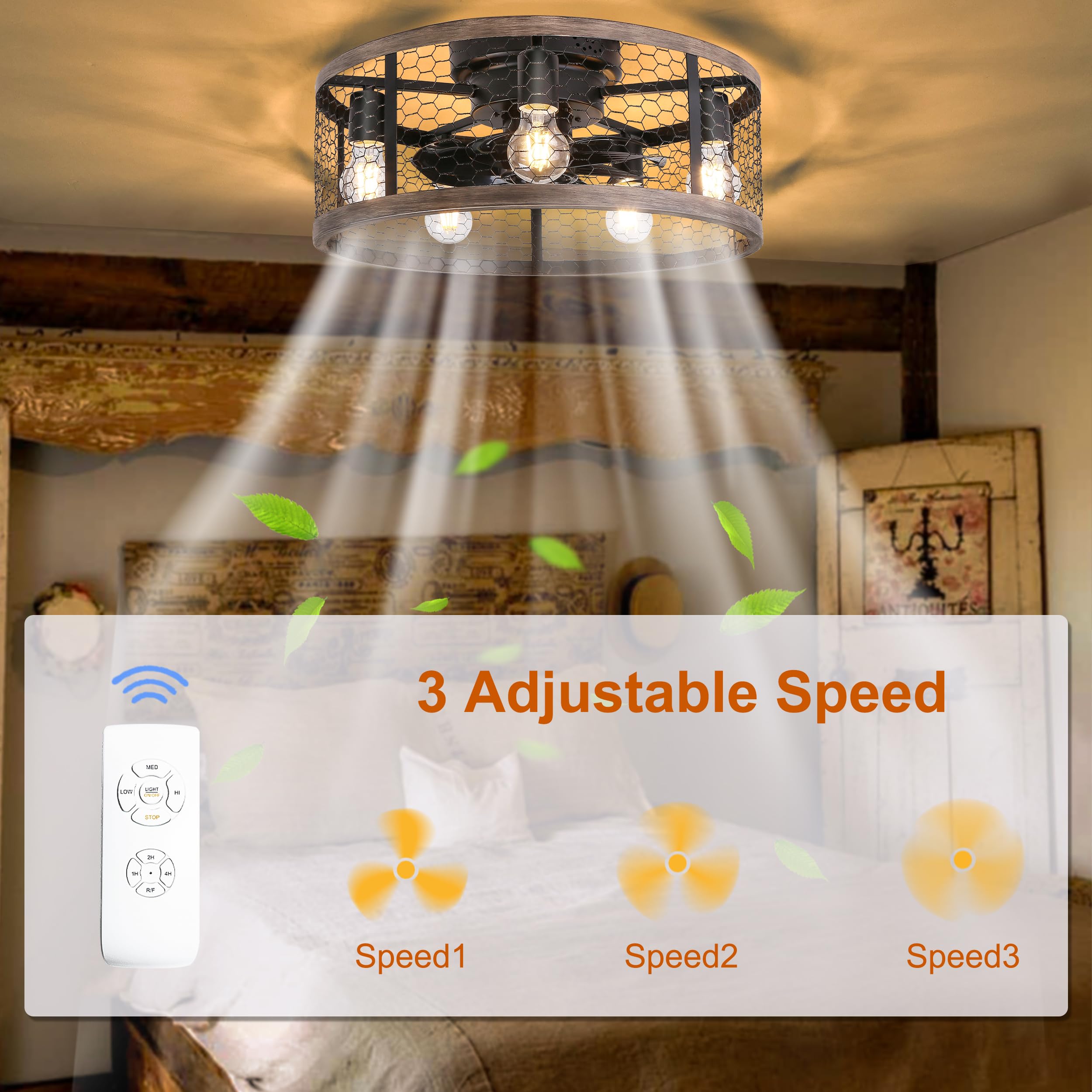 Ohniyou 20'' Flush Mount Caged Ceiling Fan with Lights Remote Control, Farmhouse Rustic Low Profile Small Vintage Enclosed Ceiling Fan Lighting Fixture Bedroom Dining Room