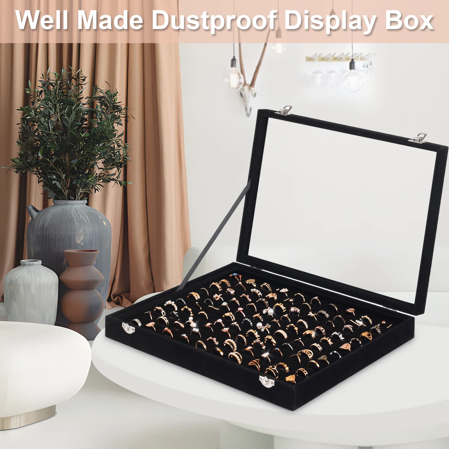 Ring Organizer for Jewelry, Ring Holder Box with Clear Lid, Dustproof Velvet Rings Display Tray Storage Case, 100 Slot Glass Top Jewelry Tray Drawer Insert for Multiple Rings Studs Earring (Black)
