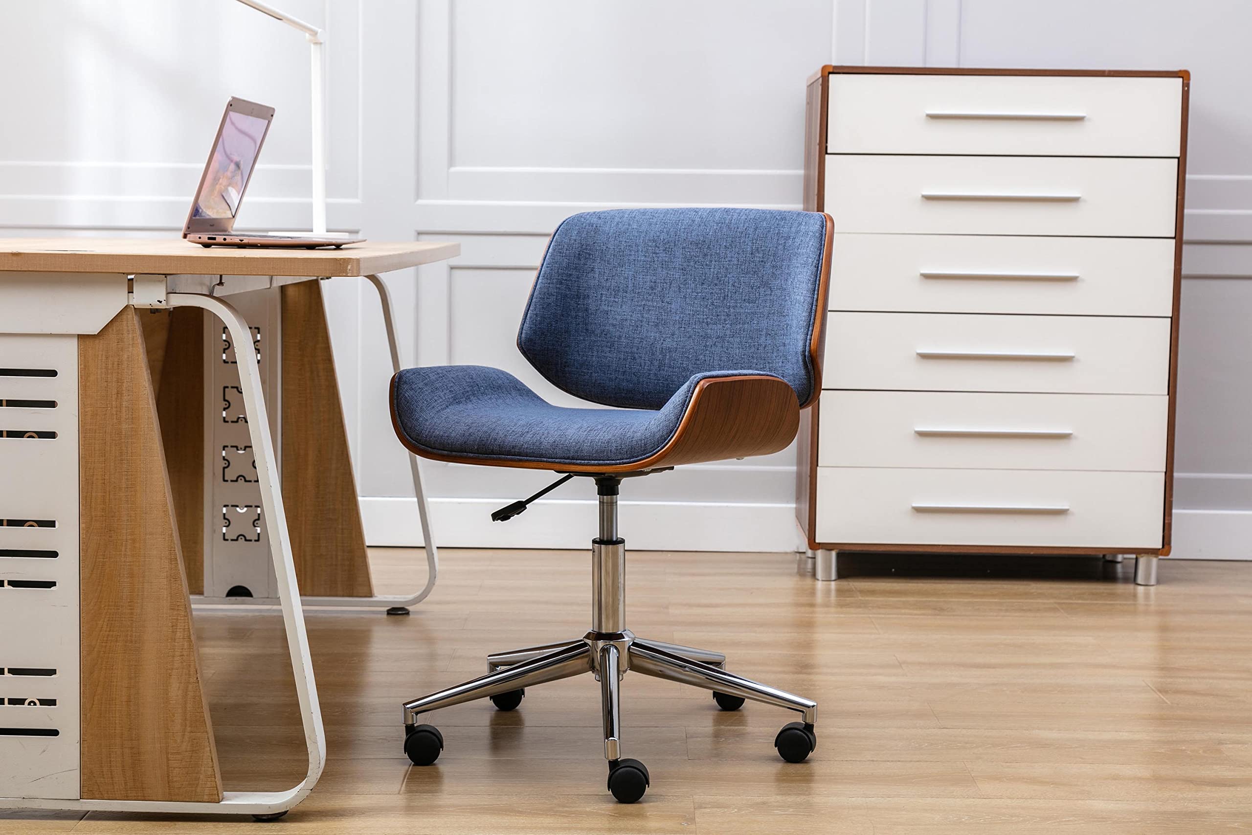 Porthos Home Nadia Office Chair, Awesome Bentwood Style Seat, Soft Fabric Upholstery, Sturdy Chrome Base with Roller Wheels, 360 Degree Swivel, Height Adjustable