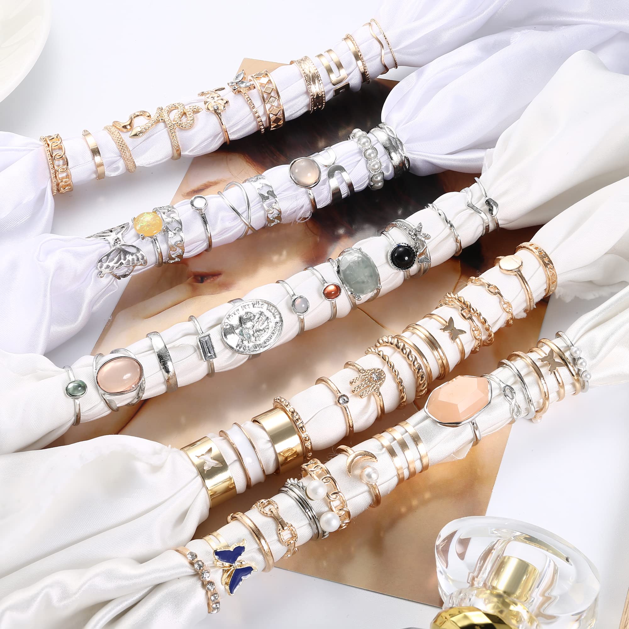 Sanfenly Gold Silver Knuckle Rings for Women Stackable Mid Finger Joint Ring Set Butterfly Snake Crystal Nail Ring Boho Vintage Stacking Ring Pack
