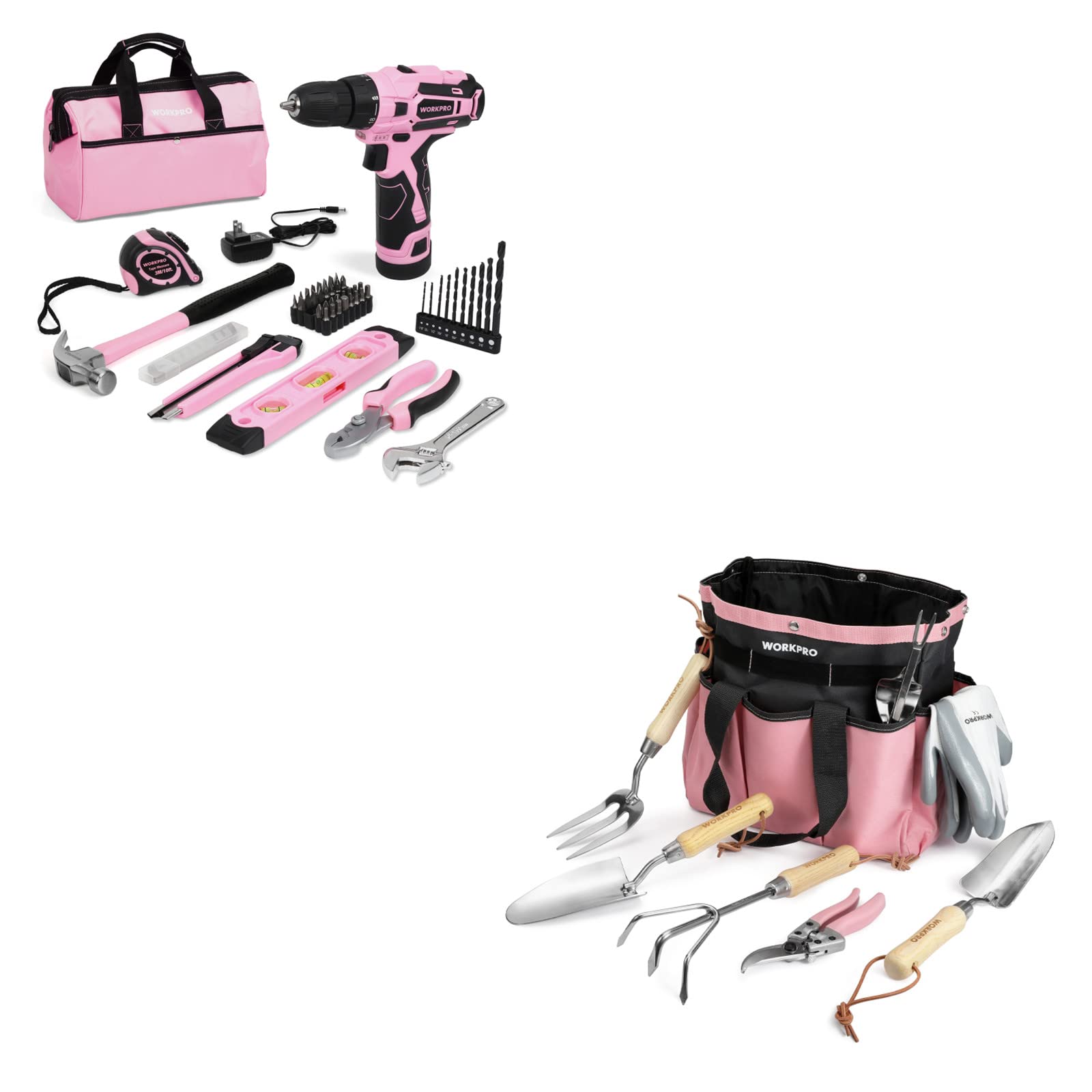 WORKPRO 12V Pink Cordless Drill Driver and Home Tool Kit and Pink Garden Tools Set