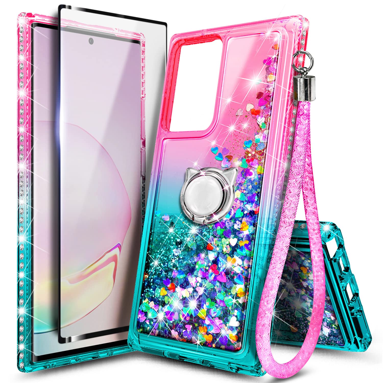 NGB Samsung Galaxy Note 20 Ultra Case with Screen Protector (Maximum Coverage, Flexible TPU Film), Ring Holder, Girls Women Liquid Bling Sparkle Fashion Glitter Clear Cute Case (Pink/Aqua)