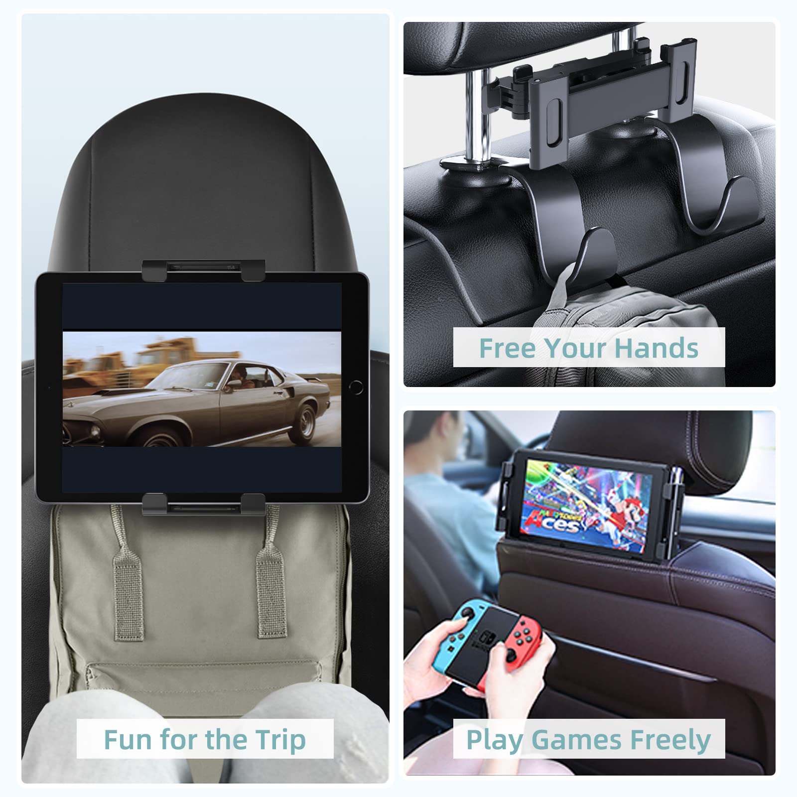 YUICHH Car Headrest Mount Car Tablet Holder with 2 Pack Car Seat Headrest Hooks, Ipad Holder for Car Compatible with 5-12.9”IPad/Tablet/Phone/Switch, 360° Rotating Headrest Tablet Holder