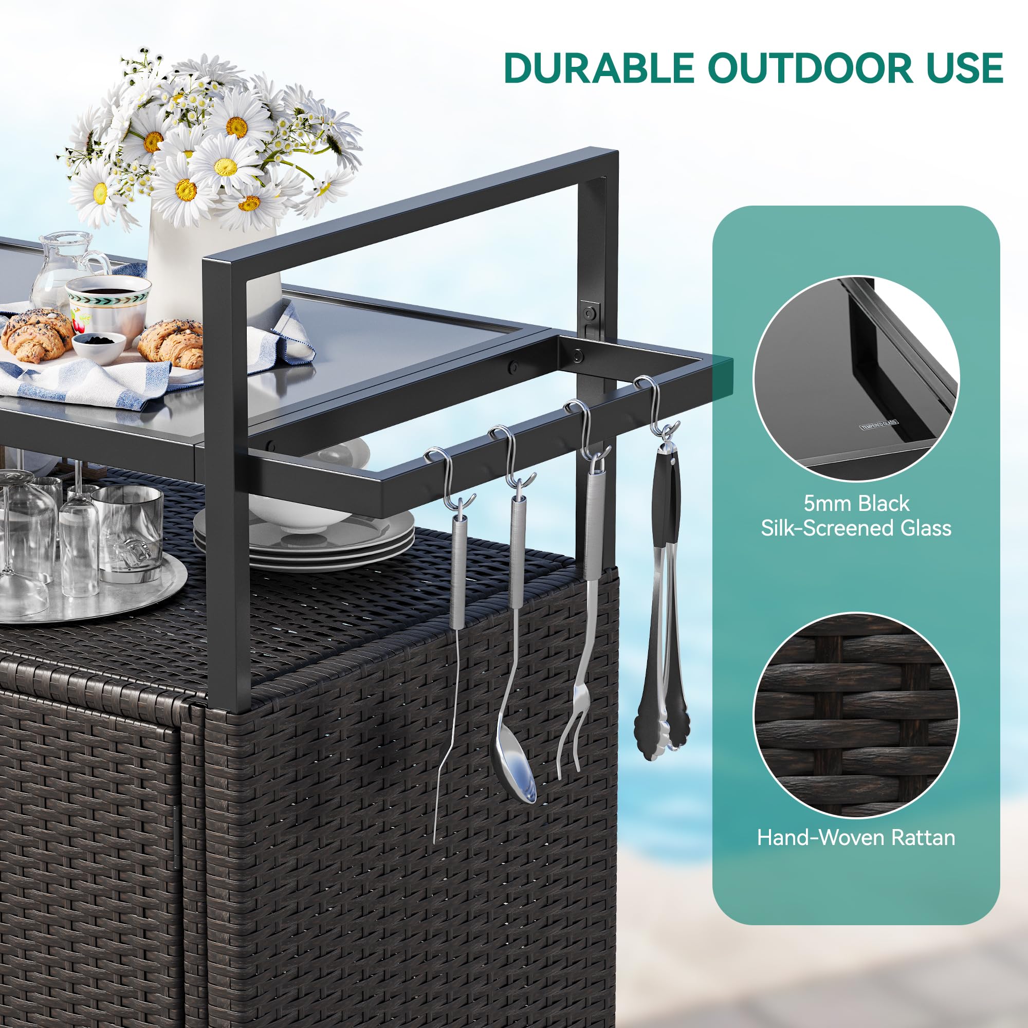 YITAHOME Large Portable Outdoor Wicker Bar Table, Wheels and Black Glass Table Top for Patio Kitchen and Bar Cart (Dark Brown)